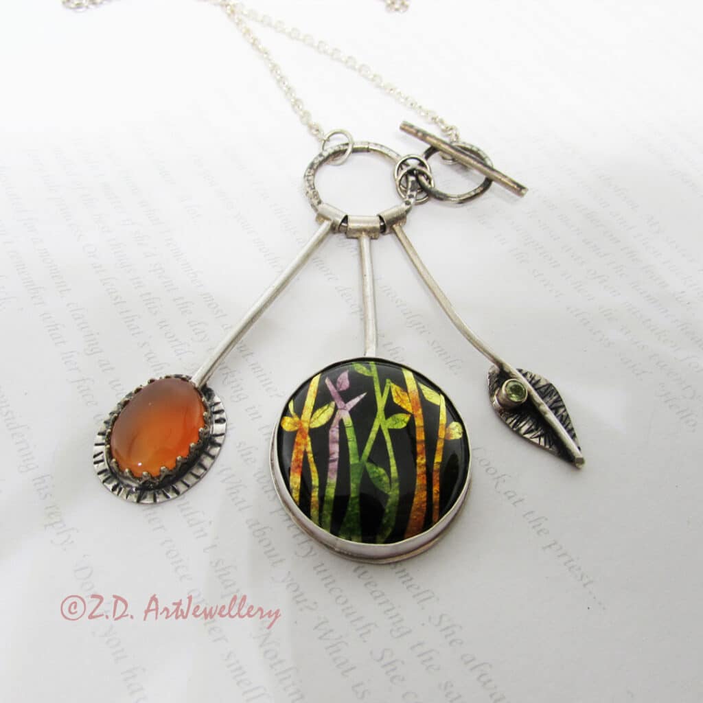 Botanical necklace, made using silver, enamel and semi-precious stones